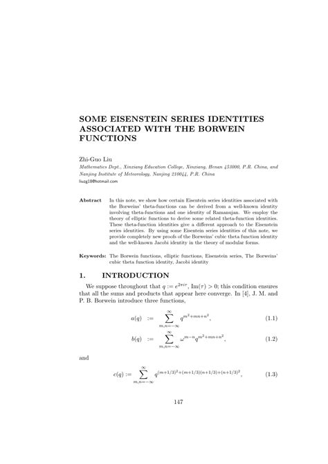 Pdf Some Eisenstein Series Identities Associated With The Borwein Functions