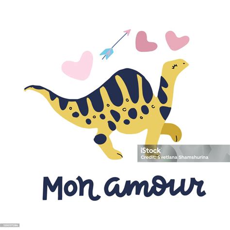 휴일 포스터 배지 축하 인쇄 평면 스타일의 아기 디노 디플로도쿠스 손으로 그린 타이포그래피 몬 아머와 발렌타인 데이 인사말 카드