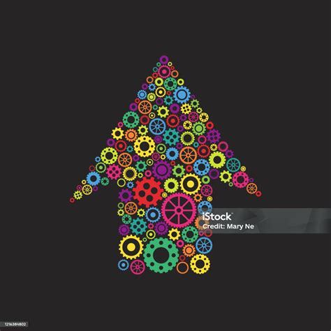 밝은 화려한 기어와 바퀴의 기계 업 화살표 검은 색에 격리 창조적 인 새로운 기술 아이콘 개념에 대한 스톡 벡터 아트 및 기타 이미지 Istock