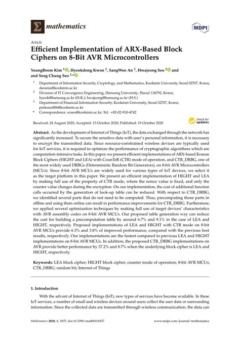 Pdf Efficient Implementation Of Arx Based Block Ciphers On 8 Bit Avr