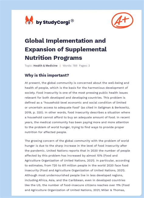 Global Implementation And Expansion Of Supplemental Nutrition Programs Free Essay Example