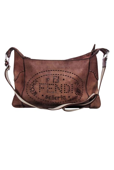 Fendi Brown Leather Laser Cut Logo Crossbody Bag