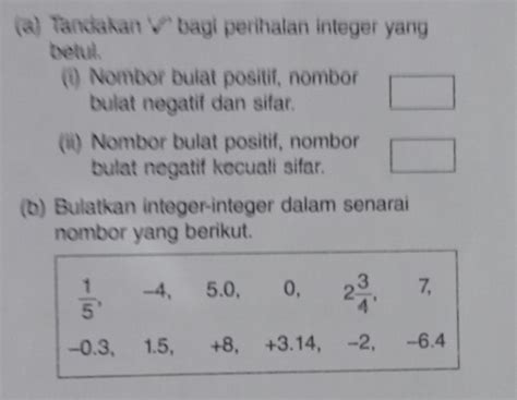 Solved Tandakan √ Bagi Perihalan Integer Yang Betul I Nombor Bulat Positif Nombor Bulat Neg