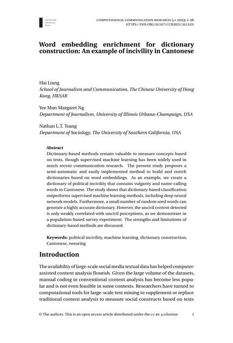 Pdf Word Embedding Enrichment For Dictionary Construction An Example Of Incivility In Cantonese