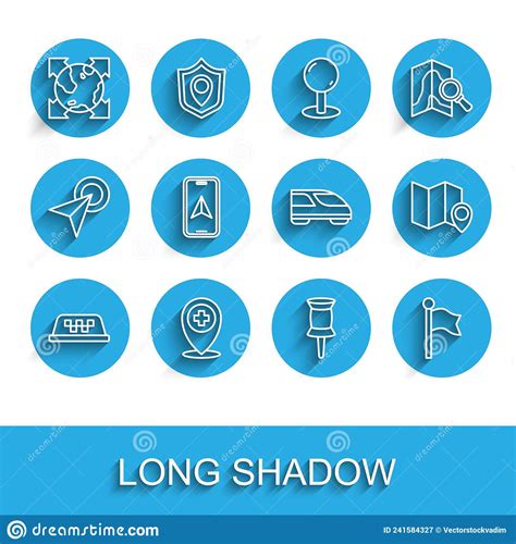 Set Line Taxi Car Roof Location With Cross Hospital World Globe Compass Push Pin Marker