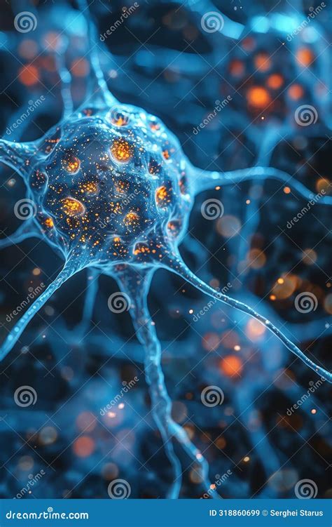 A Close Up Of A Neuron Cell With Blue And Orange Lights Ai Stock