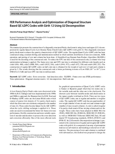 Pdf Optimization Of Qc Ldpc Codes Via Lu Decomposition