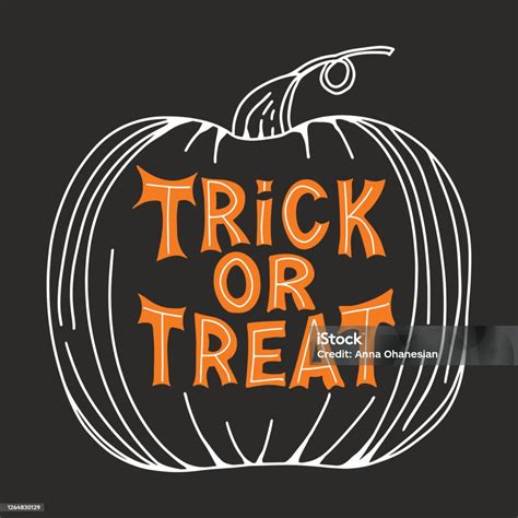 과자 안 주면 장난칠 거예요 할로윈 전통 견적 어두운 배경에 호박 스케치에 오렌지 글자 벡터 스톡 일러스트레이션입니다 사탕주면 안 잡아먹지에 대한 스톡 벡터 아트 및 기타