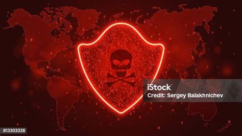 첨단 컴퓨터 개념입니다 붉은 빛나는 네온 방패는 이진 코드에서 시스템을 해킹 뼈와 어두운 해골입니다 지구 행성의 지도입니다 벡터 일러스트 레이 션 독극물에 대한 스톡 벡터