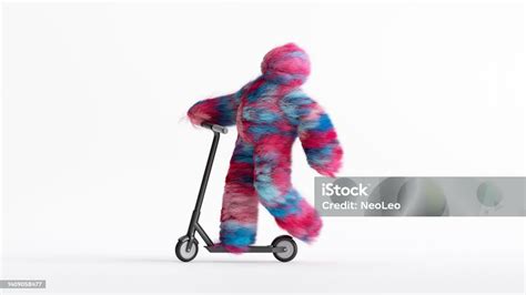 3d 렌더링 화려한 털이 많은 예티 몬스터 승마 스쿠터 차량 모피 짐승 만화 캐릭터 속도 개념 흰색 배경에 고립 된 푹신한 장난감 Bigfoot에 대한 스톡 사진 및 기타