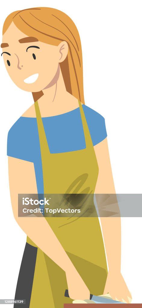 부엌에서 앞치마 요리에 젊은 여자 보드 만화 스타일 벡터 일러스트에 야채를 절단 소녀 독일에 대한 스톡 벡터 아트 및 기타