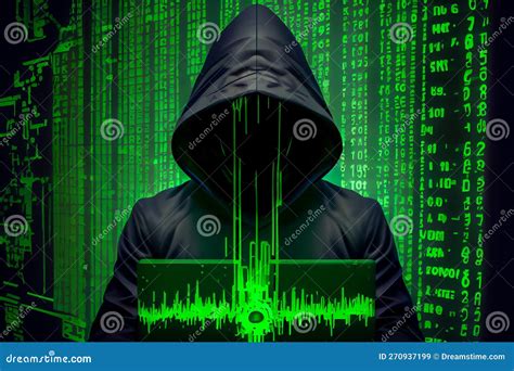 Hooded Hacker On Green Code Background Generative Ai Stock