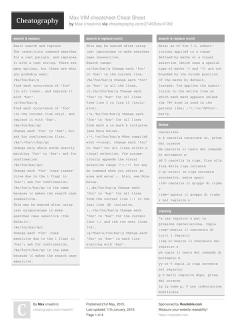 Max Vim Cheat Sheet By Maxbini 4 Pages Software Vim Cheatography