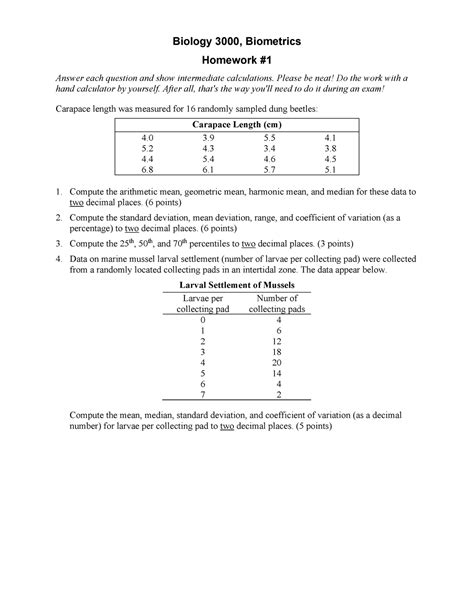 HW1 Homework Assignment 1 For Biostats Biology 3000 Biometrics Homework Answer Each