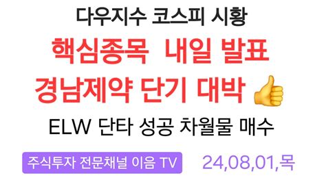 다우지수 코스피 시황 안심종목 재료주 테마주 공략 해야 대부분 대박 재료주 내일 아침방송 발표 경남제약 후발주자 Elw 단타 나