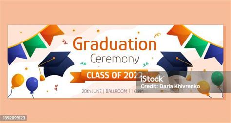 졸업식 화려한 화환 모자 및 발롱이있는 수평 배너 벡터 레이아웃 템플릿입니다 학위 수여식 초대 학생 인사말 디자인 1위에 대한 스톡 벡터 아트 및 기타 이미지 Istock