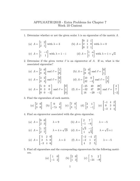 Eigenvalues And Eigenvectors Practice Applmath1201b Extra Problems