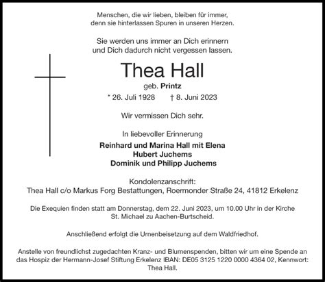 Traueranzeigen Von Thea Hall Aachen Gedenkt