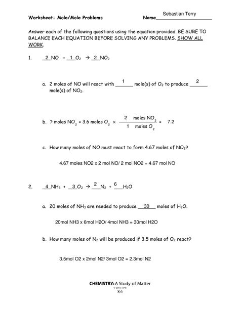 Mole Problems Answers Worksheet Mole Problems Name Key Part 1