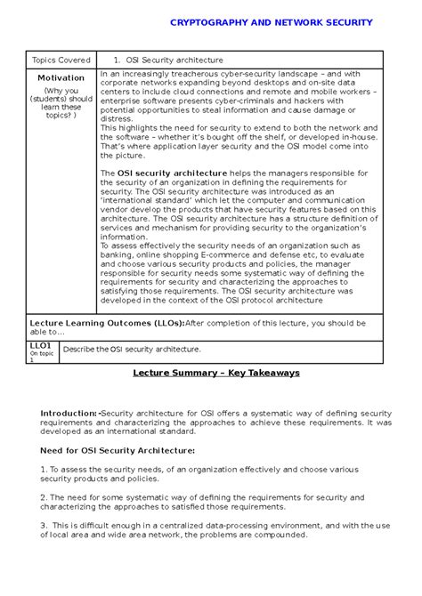 Osi Security Architecture Cryptography And Network Security Topics Covered 1 Osi Security