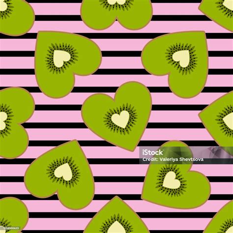 귀여운 키위 하트 매끄러운 패턴에 핑크 줄무늬 배경 플랫 만화 스타일 발렌타인 데이에 사용할 수 있습니다 건강한 식생활에 대한