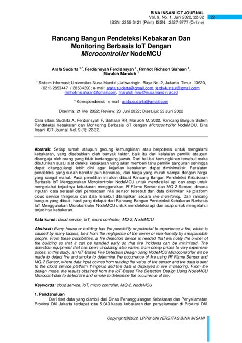 Pdf Rancang Bangun Pendeteksi Kebakaran Dan Monitoring Berbasis Iot Dengan Microcontroller Nodemcu