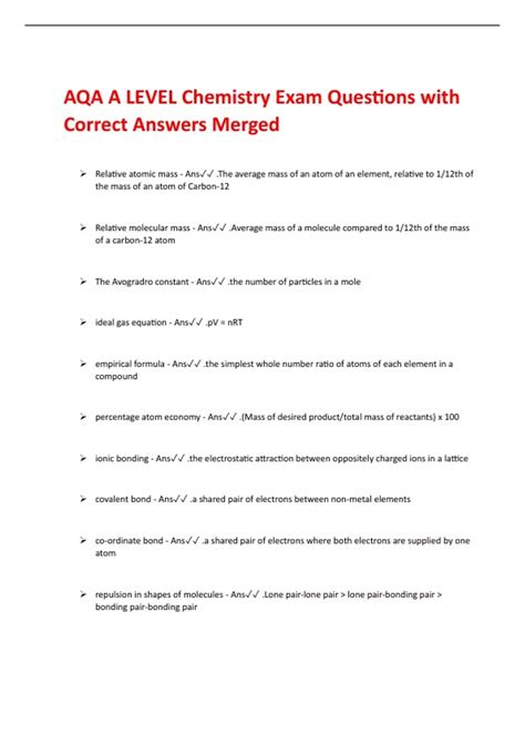 Aqa A Level Chemistry Exam Questions With Correct Answers Merged Chemistry Stuvia Us