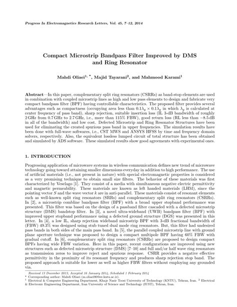 Pdf Compact Microstrip Bandpass Filter Improved By Dms And Ring Resonator