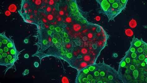 Fluorescent Microscopy Of Cancer Cells With Red And Green Staining Highlighting Cellular