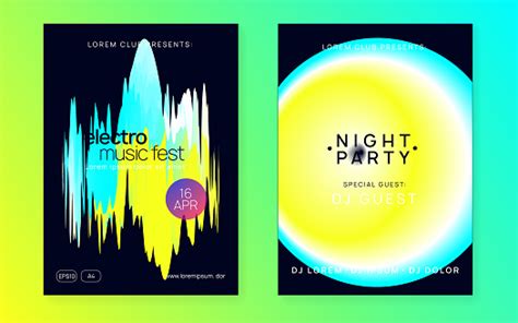 네온 배너 디스코와 카니발 레이아웃 브로셔 모양에 대한 미래 패턴 물결 모양의 음악 축제 잡지에 대한 선형 결함 노란색과 청록색 네온 배너 Dj에 대한 스톡 벡터 아트 및