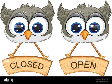 Cartoon Owls With Signs Showing Open And Closed Status Stock Vector