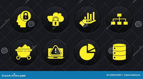 Set Coal Mine Trolley Hierarchy Organogram Chart Laptop With Exclamation Mark Pie Infographic