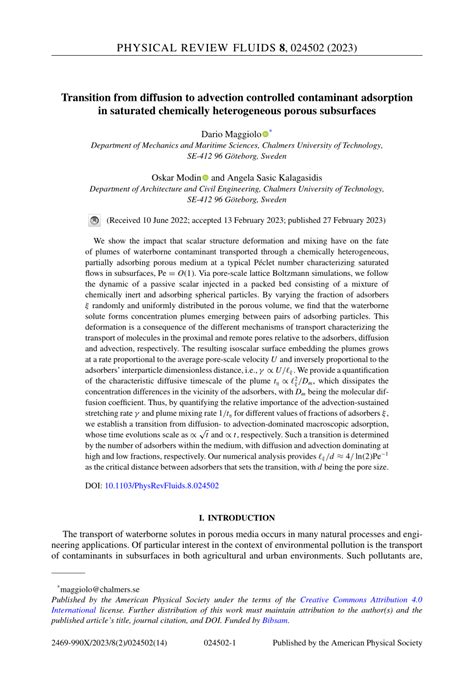 Pdf Transition From Diffusion To Advection Controlled Contaminant Adsorption In Saturated