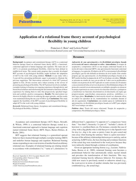 Pdf Application Of A Relational Frame Theory Account Of Psychological Flexibility In Young