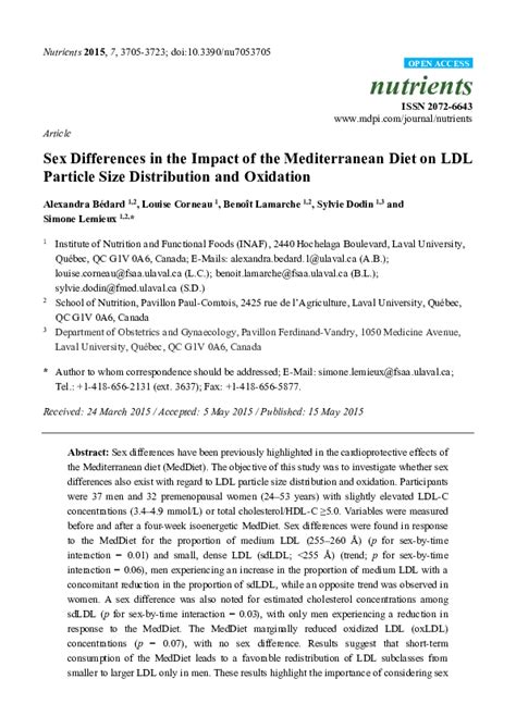 Pdf Sex Differences In The Impact Of The Mediterranean Diet On Ldl