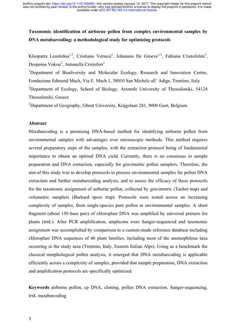 Pdf Taxonomic Identification Of Airborne Pollen From Complex Environmental Samples By Dna