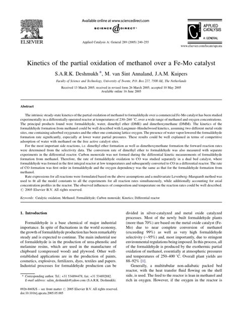 Kinetics Of The Partial Oxidation Of Methanol Pdf Chemical Kinetics Catalysis