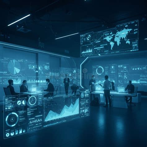 Dimly Lit Futuristic Room With Multiple Individuals Working On Computers Large Digital Stock