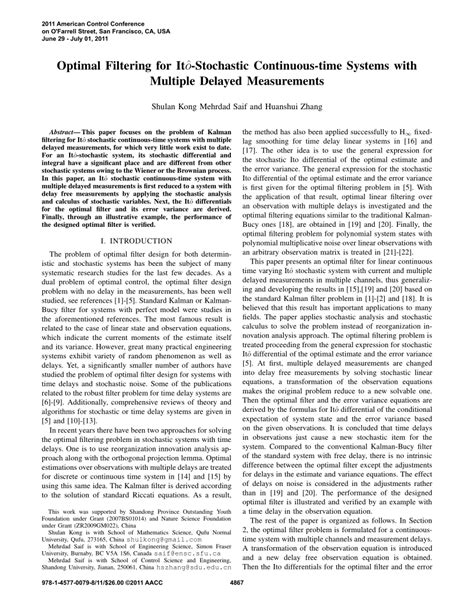Pdf Optimal Filtering For Stochastic Continuous Time Systems With Multiple Delayed Measurements