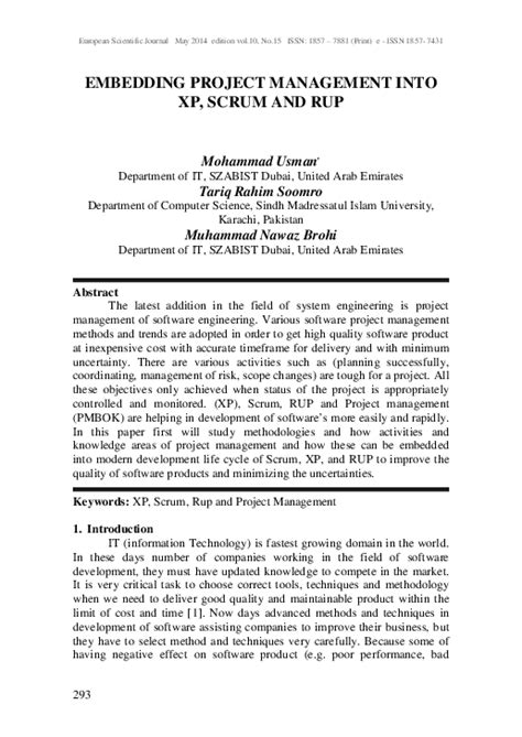 Pdf Embedding Project Management Into Xp Scrum And Rup