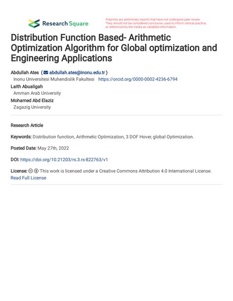 Pdf Distribution Function Based Arithmetic Optimization Algorithm