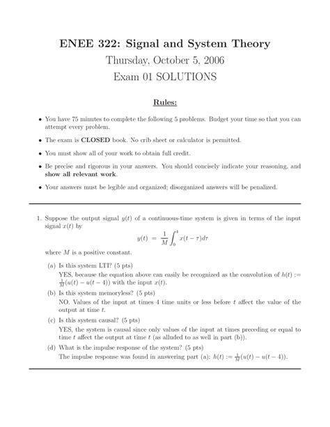 Solved Exam 1 For Signal And System Theory Enee 322 Exams Signals And Systems Docsity
