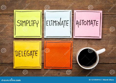 Task Management Concept Simplify Eliminate Automate Delegate Stock Photo Image Of Wood
