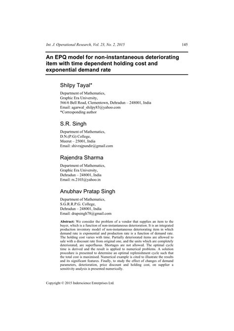 Pdf An Epq Model For Non Instantaneous Deteriorating Item With Time