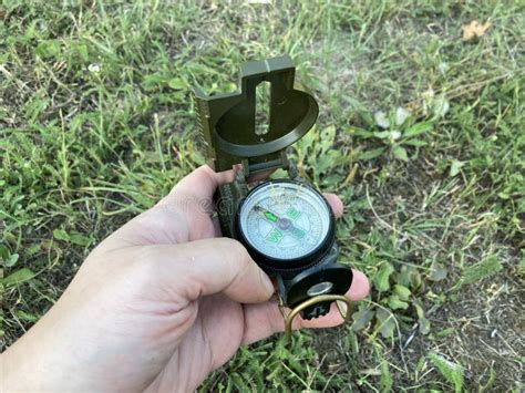 Compass For Orientation On The Terrain During A Hike Stock Image Image Of Orientation Lost