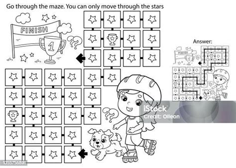 미로 또는 미로 게임 수수께끼 개와 롤러 스케이트에 만화 소녀의 색칠 페이지 개요 스포츠 활동 아이들을위한 색칠 공부책 개에 대한 스톡 벡터 아트 및 기타 이미지 Istock