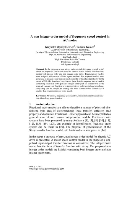 Pdf A Non Integer Order Model Of Frequency Speed Control In Ac Motor