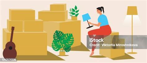 아파트 이동 복사 공간 템플릿 학생 기숙사로 이동 하는 젊은 여자와 플랫 벡터 스톡 일러스트 대학 기숙사에 대한 스톡 벡터 아트 및 기타 이미지 Istock