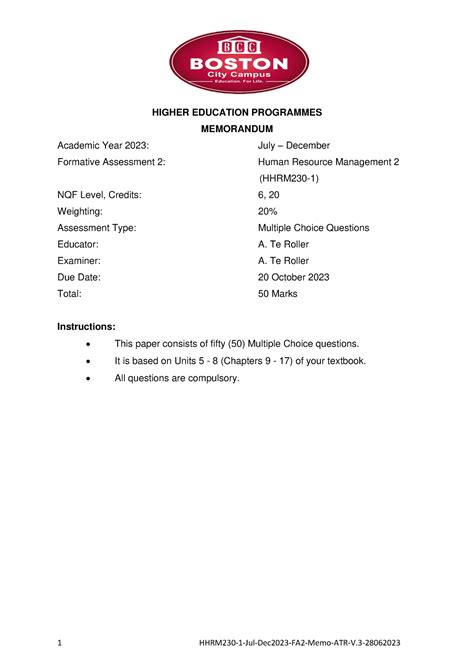 Hhrm230 1 Jul Dec2023 Fa2 Memo Atr V Higher Education Programmes