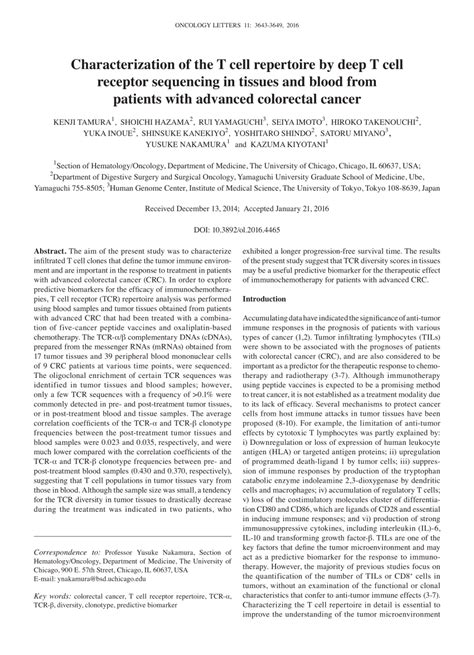 Pdf Characterization Of The T Cell Repertoire By Deep T Cell Receptor Sequencing In Tissues